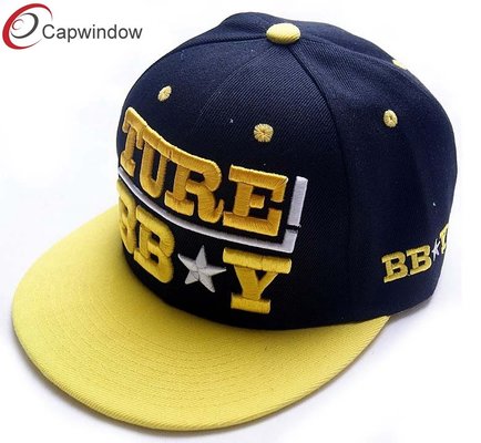 Yellow 3D Embroidered Flat Brim Baseball Hats 5 Panel Camper Cap