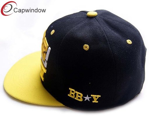 Yellow 3D Embroidered Flat Brim Baseball Hats 5 Panel Camper Cap