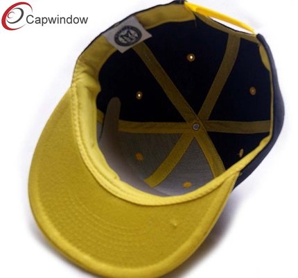 Yellow 3D Embroidered Flat Brim Baseball Hats 5 Panel Camper Cap