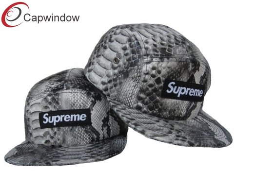 Snakeskin Leather Supreme 5 Panel Camper Cap Custom Made Baseball Caps With Plastic Strap