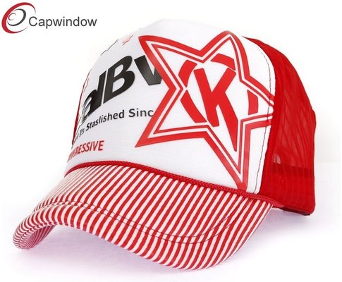 Embroidered Red Stripe Trucker Mesh Cap Velcro Strap Back Hats For Summer