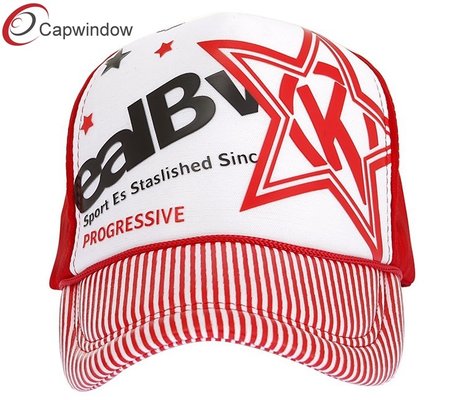 Embroidered Red Stripe Trucker Mesh Cap Velcro Strap Back Hats For Summer