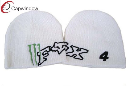 White Acrylic Beanie Winter Hats Knitted With Monster Embroidery Logo