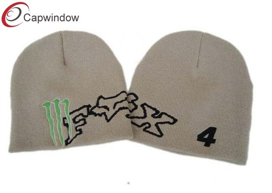 White Acrylic Beanie Winter Hats Knitted With Monster Embroidery Logo
