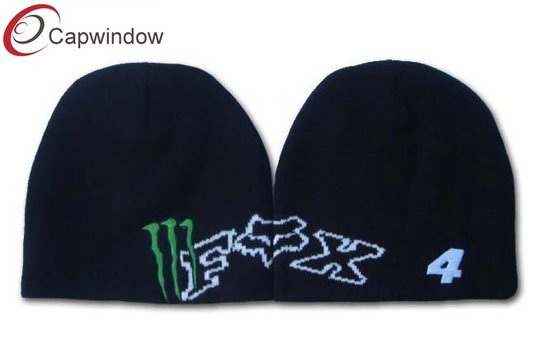 White Acrylic Beanie Winter Hats Knitted With Monster Embroidery Logo