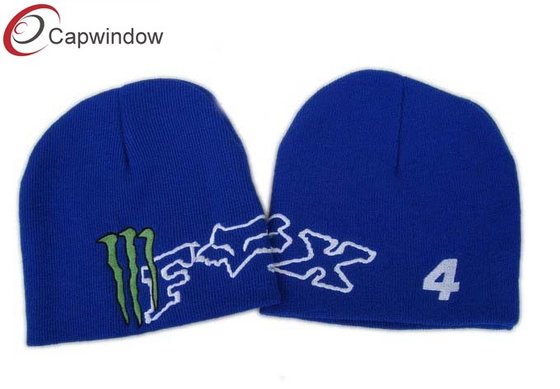 White Acrylic Beanie Winter Hats Knitted With Monster Embroidery Logo