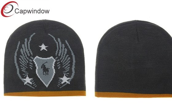 Grey Jacquard Logo Skiing Winter Hats Beanie With Fleece Lining Inside