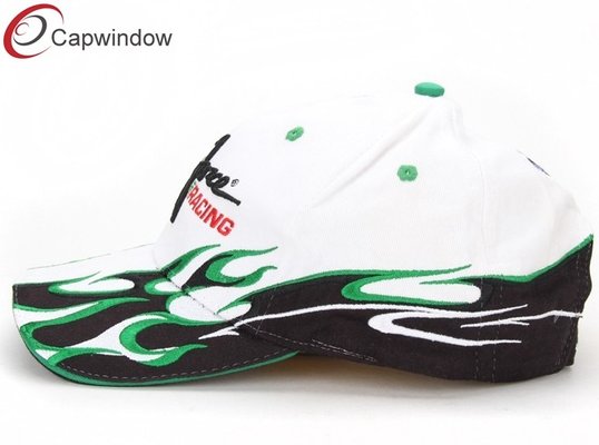 Cotton Flame Embroidery Racing Baseball Caps With Green Sandwich Peak