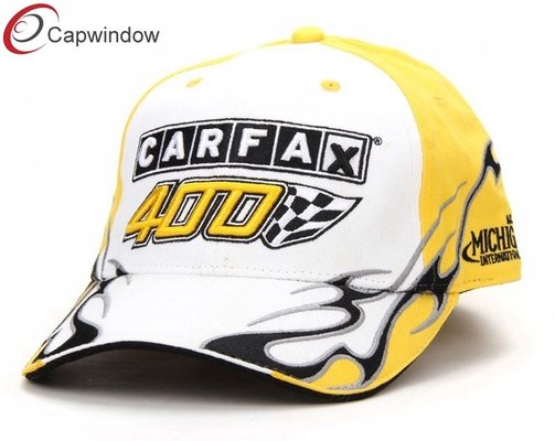 Yellow Racing Baseball Caps With White Sandwich Peak , 46 3D Embroidery