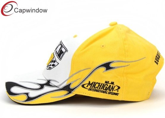 Yellow Racing Baseball Caps With White Sandwich Peak , 46 3D Embroidery