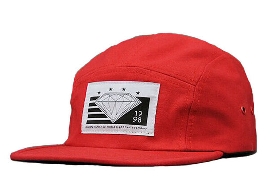 Diamond Woven Label 5 Panel Camper Cap With Metal Eyelet   