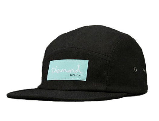Diamond Woven Label 5 Panel Camper Cap With Metal Eyelet   