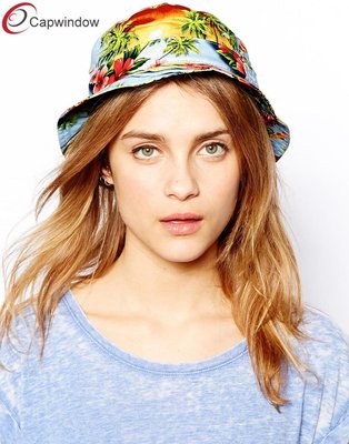 Flat Crown Fisherman Bucket Hat , Breathable Women Blue Tropical Hat