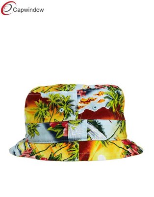 Flat Crown Fisherman Bucket Hat , Breathable Women Blue Tropical Hat