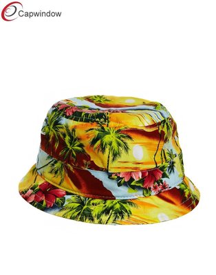 Flat Crown Fisherman Bucket Hat , Breathable Women Blue Tropical Hat