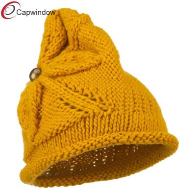 Women Acrylic Beanie Winter Hats with Flower Accent Button / Rolled Brim
