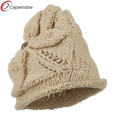 Women Acrylic Beanie Winter Hats with Flower Accent Button / Rolled Brim