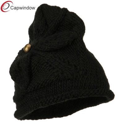 Women Acrylic Beanie Winter Hats with Flower Accent Button / Rolled Brim