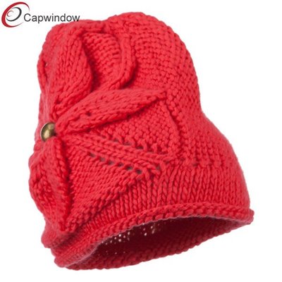 Women Acrylic Beanie Winter Hats with Flower Accent Button / Rolled Brim