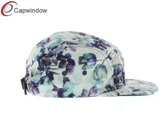 Blue Floral Print Adjustanle Strapback 5 Panel Camper Cap With Nylon