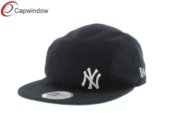 Polyester Navy 5 Panel Camper Cap Self Fabric Strap With Metal Buckle