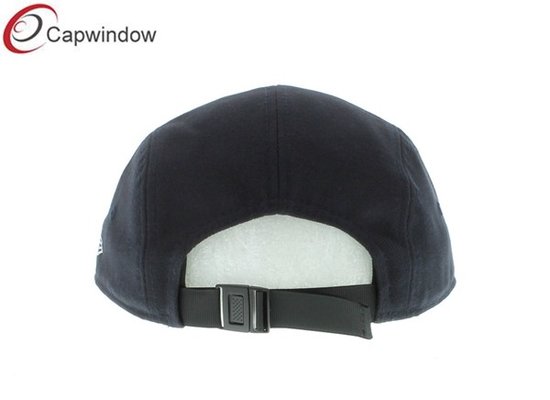 Polyester Navy 5 Panel Camper Cap Self Fabric Strap With Metal Buckle