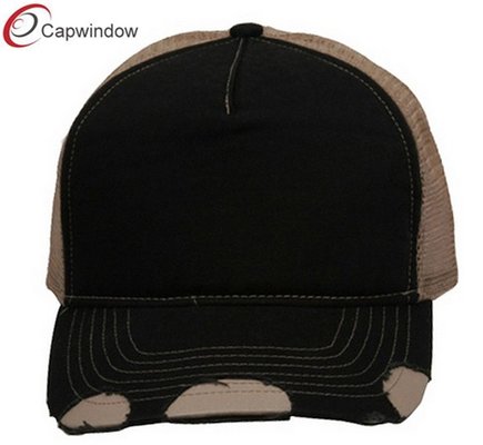 Frayed Black Khaki Trucker Mesh Cap ， Plastic Snap / Hand Wash Trucker Mesh Hats