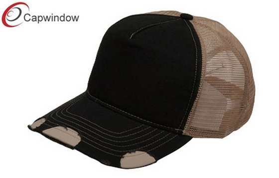 Frayed Black Khaki Trucker Mesh Cap ， Plastic Snap / Hand Wash Trucker Mesh Hats