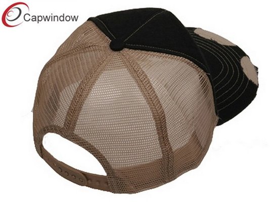 Frayed Black Khaki Trucker Mesh Cap ， Plastic Snap / Hand Wash Trucker Mesh Hats