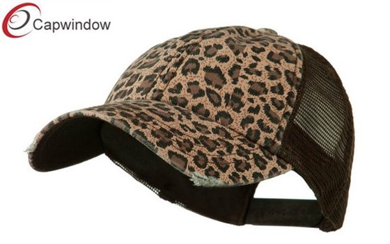 Low Profile Canvas Leopard Printed Trucker Mesh Cap with Curved Bill