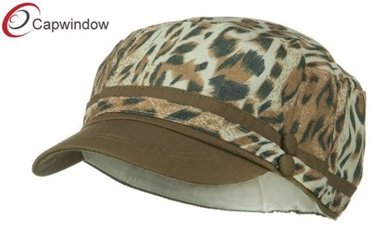 Beige Leopard Print Military Baseball Hats with Elastic Band Closure