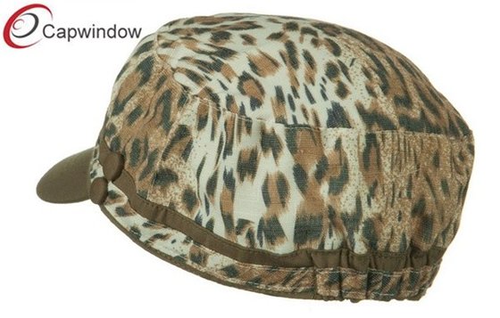 Beige Leopard Print Military Baseball Hats with Elastic Band Closure