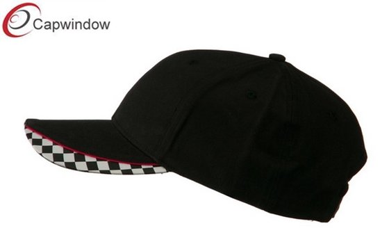  Black Brushed Cotton Imprinted Checker Logo Racing Baseball Caps with Adjustable Strap Closure