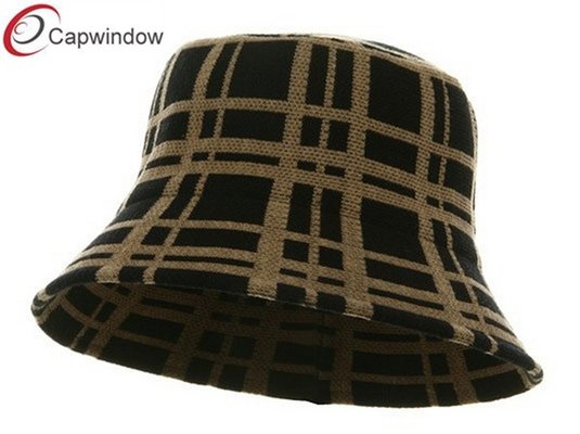 Black Khaki Plaid Winter Fisherman Bucket Hat with Pure Acrylic