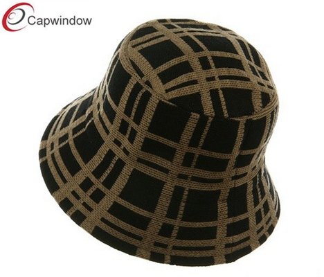 Black Khaki Plaid Winter Fisherman Bucket Hat with Pure Acrylic