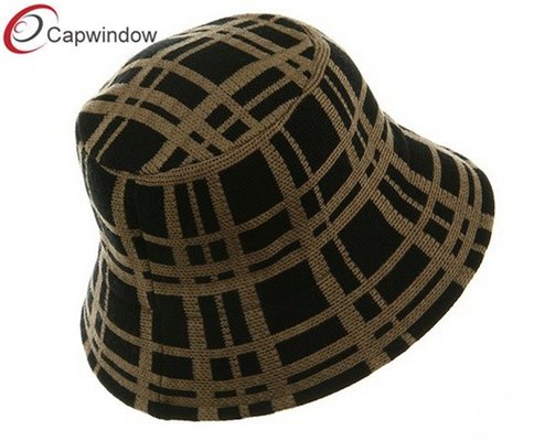 Black Khaki Plaid Winter Fisherman Bucket Hat with Pure Acrylic