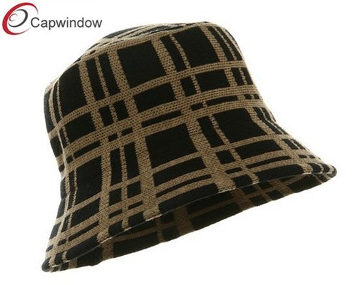 Black Khaki Plaid Winter Fisherman Bucket Hat with Pure Acrylic
