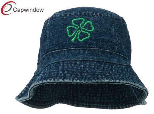 Denim Four Leaf Clover Embroidered Fisherman Bucket Hat for Adults / Unisex