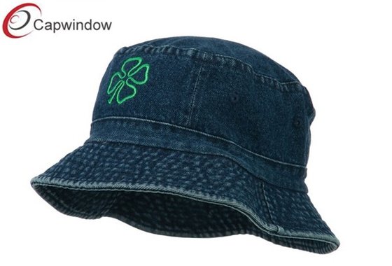 Denim Four Leaf Clover Embroidered Fisherman Bucket Hat for Adults / Unisex