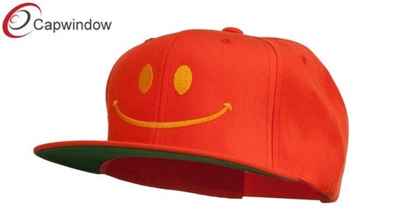 Embroidered Flat Brim Baseball Hats with Orange Big Smiley Face