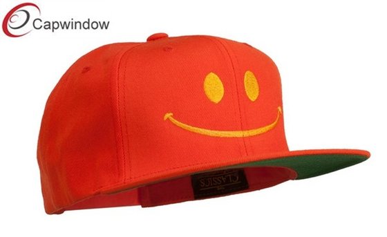 Embroidered Flat Brim Baseball Hats with Orange Big Smiley Face
