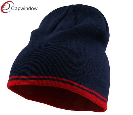 Navy Red Acrylic Cotton Striped Knit Beanie Winter Hats with Dual Layers