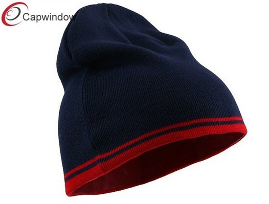Navy Red Acrylic Cotton Striped Knit Beanie Winter Hats with Dual Layers