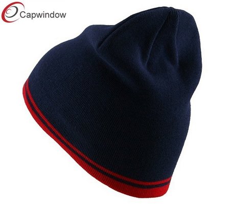 Navy Red Acrylic Cotton Striped Knit Beanie Winter Hats with Dual Layers