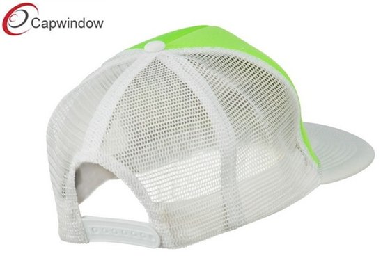 White Green Flat Bill Neon Trucker Mesh Cap Made of Cotton and Polyester / Snapback Mesh Hat