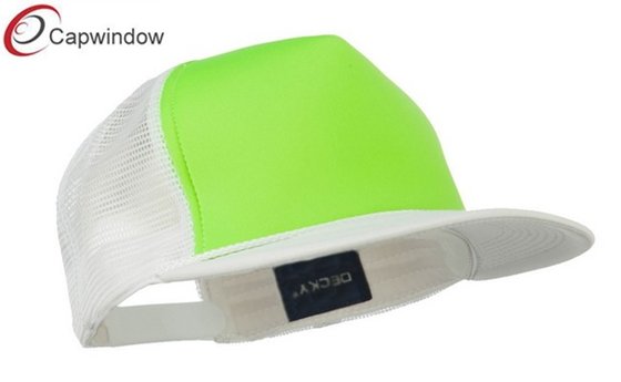 White Green Flat Bill Neon Trucker Mesh Cap Made of Cotton and Polyester / Snapback Mesh Hat