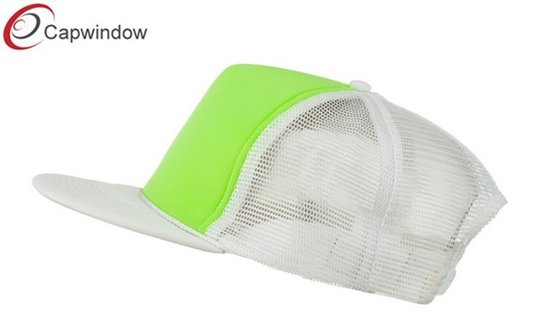 White Green Flat Bill Neon Trucker Mesh Cap Made of Cotton and Polyester / Snapback Mesh Hat
