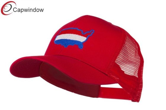 Red United States Map Embroidered Trucker Mesh Cap  Cotton and Polyester