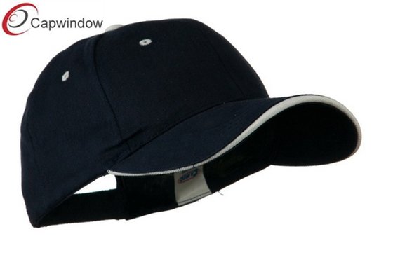 Navy White Heavy Brushed Cotton Baseball Caps with Wave Visor / Velcro Strap Closure