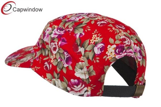 Red 5 Panel Flat Bill Cotton Baseball Caps with Flower Print Patterns /  Buckle Strap Closure